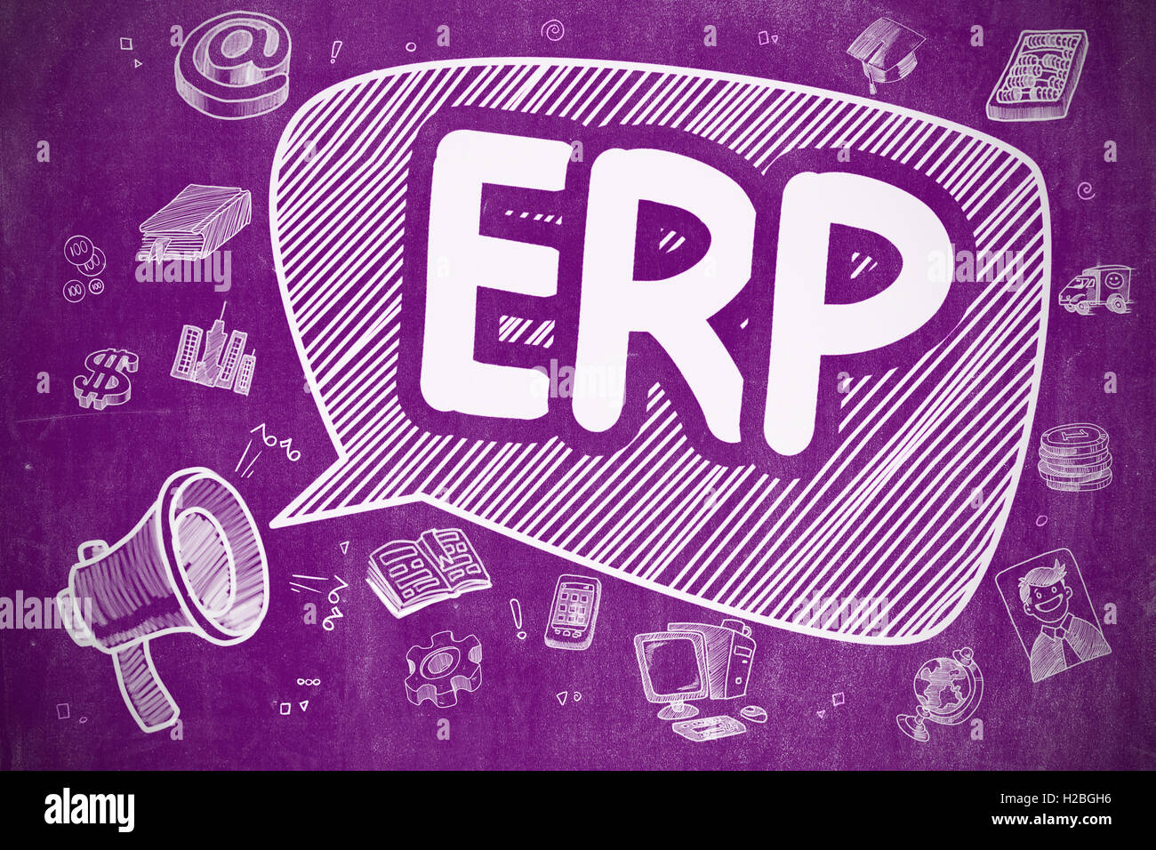 ERP - Cartoon Illustration on Purple Chalkboard Stock Photo - Alamy