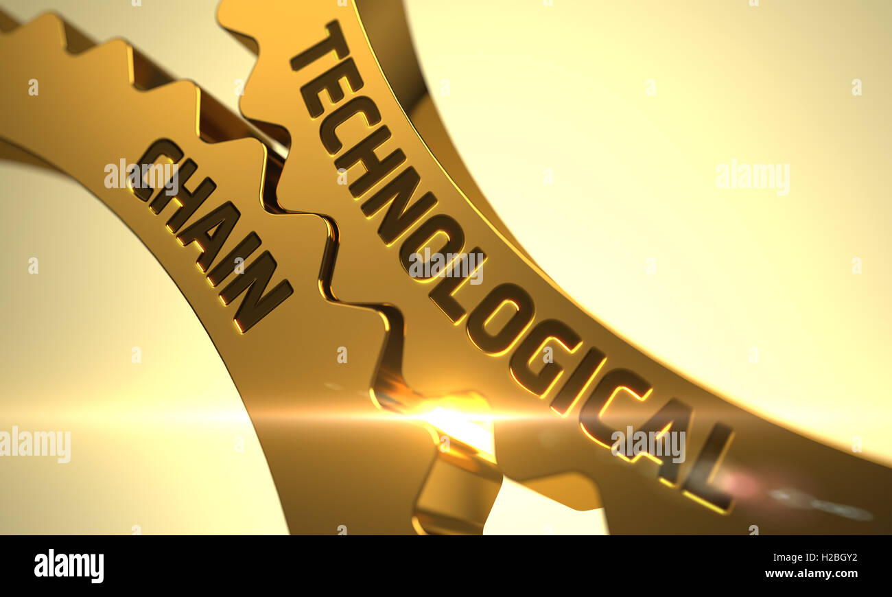Technological Chain Concept. Golden Metallic Cog Gears. 3D Stock Photo ...