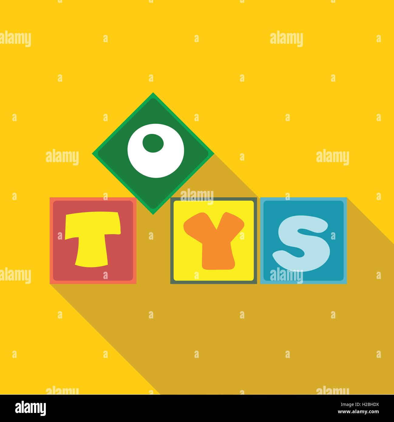 Digital vector toys box letters, over yellow background, flat style ...