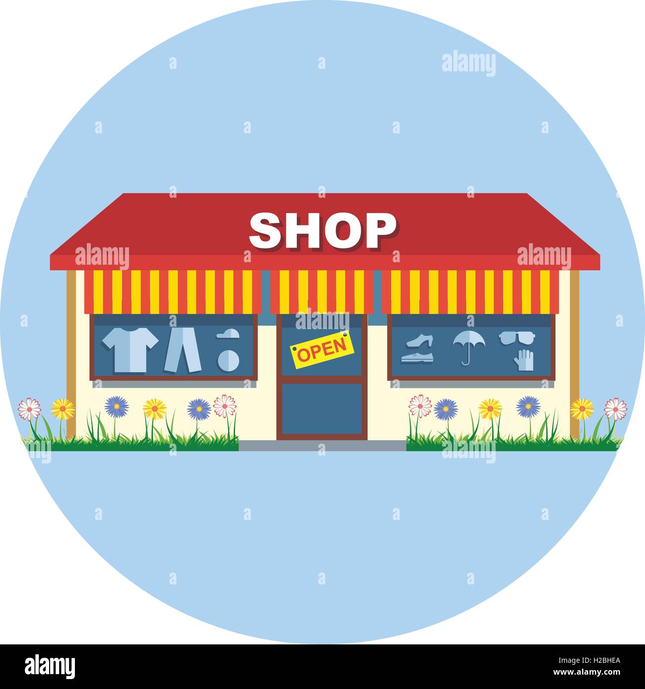 Digital vector shop storefront with open sign, red and yellow stripes ...