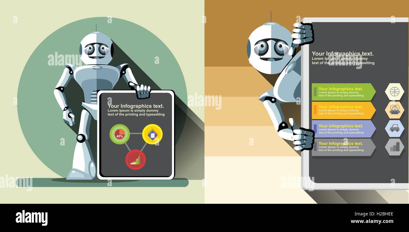 Digital vector silver happy robot presenting infographic with charts, flat style Stock Vector ...