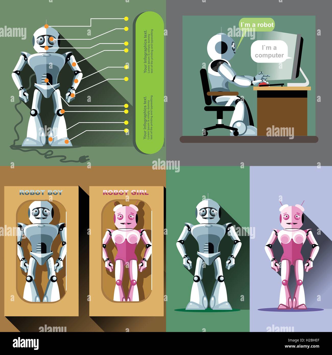 Digital vector silver and pink happy male and female robot set, working ...