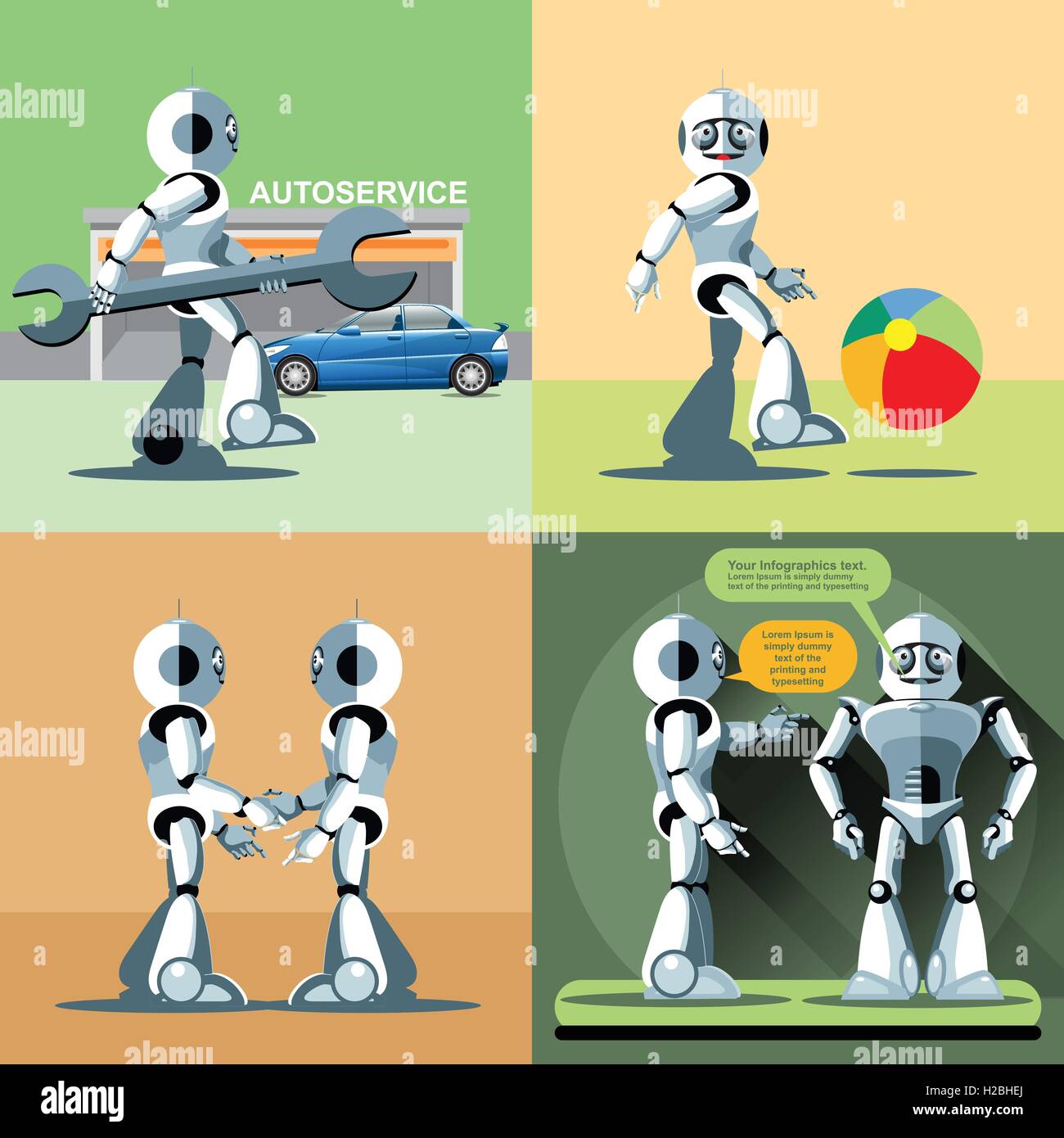 Digital vector silver happy robot set at autoservice, playing with ball ...