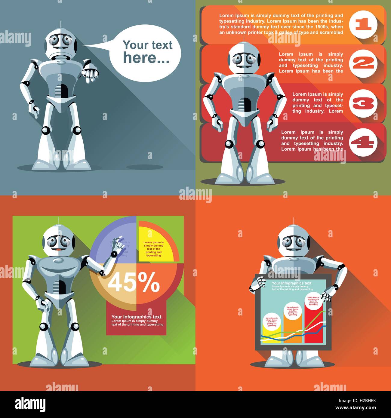 Digital vector silver happy robot presenting infographic with charts, flat style Stock Vector ...