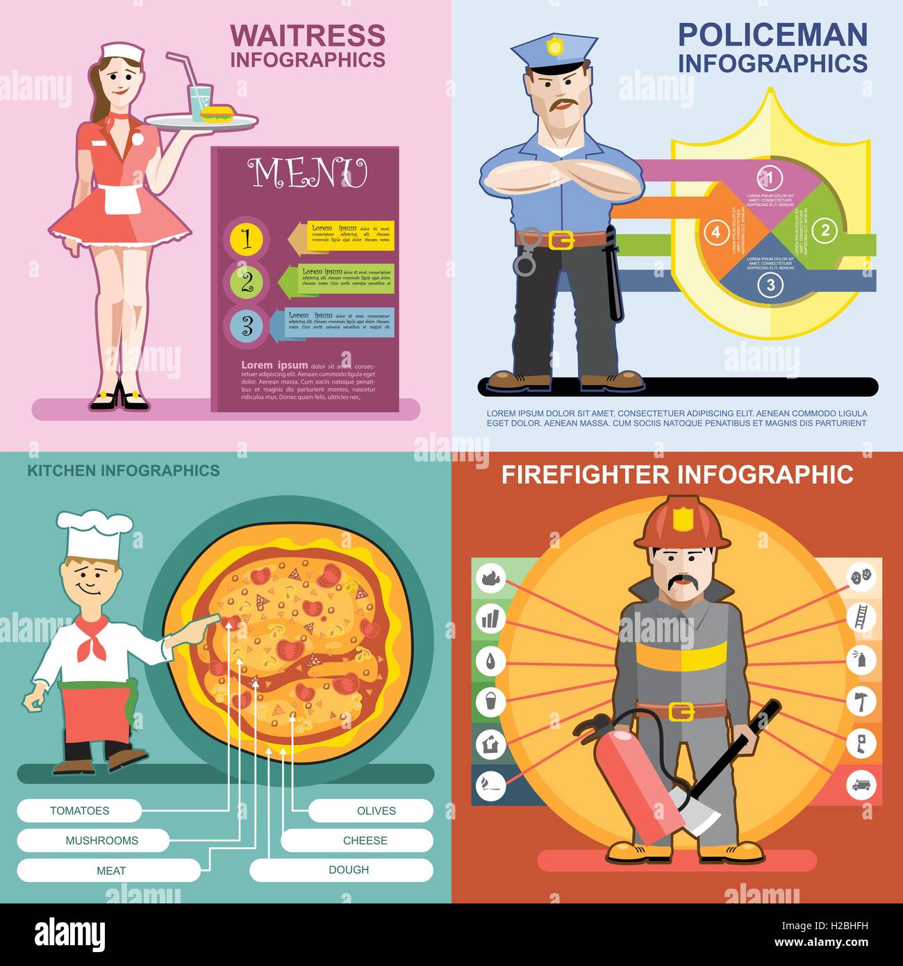 Digital vector infographics icon set, waitress, kitchen and pizza ...
