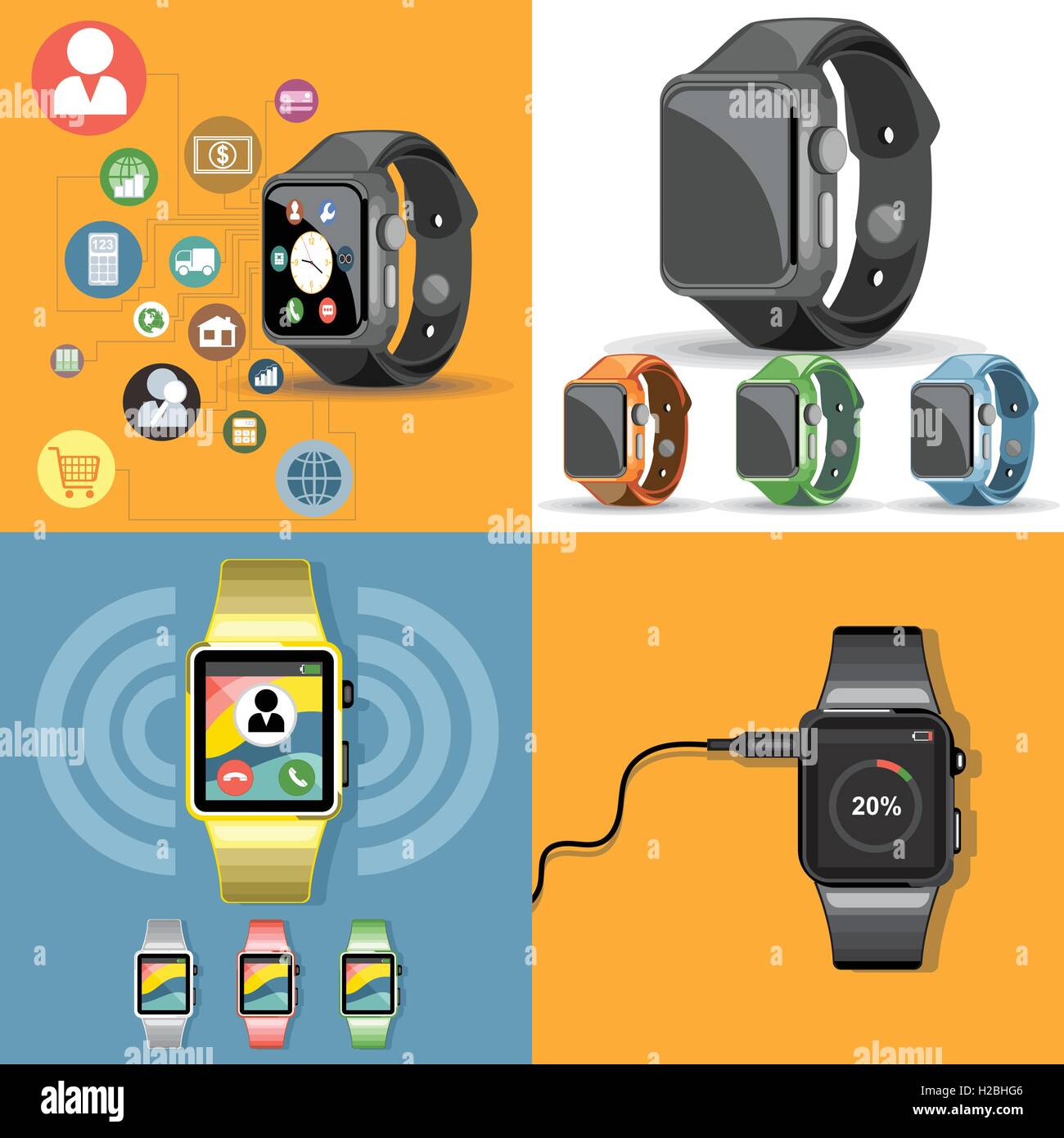 Digital vector gadget, mobile, watch, app and camera icon set, flat ...