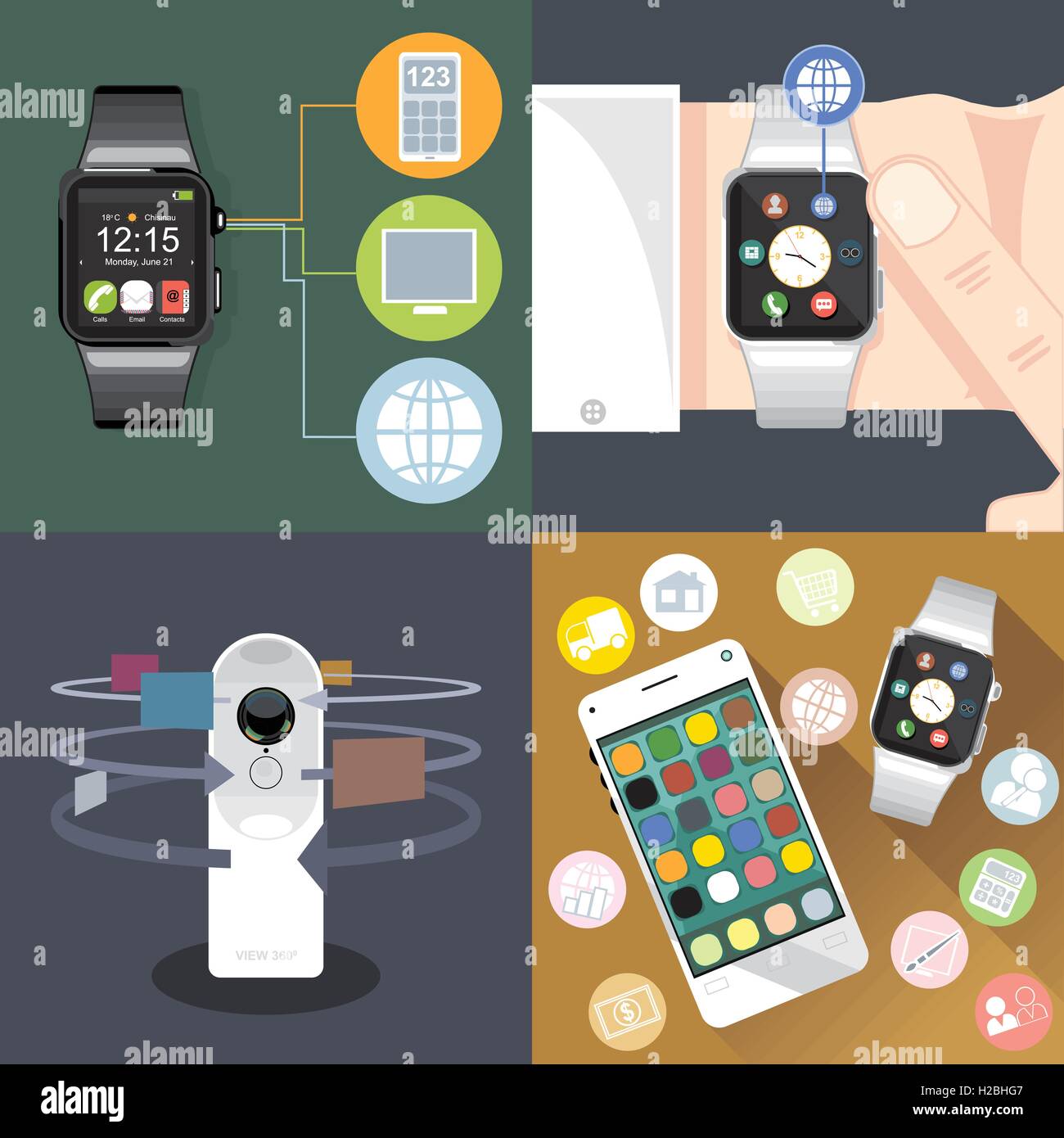 Digital vector gadget, mobile, watch, app and camera icon set, flat ...