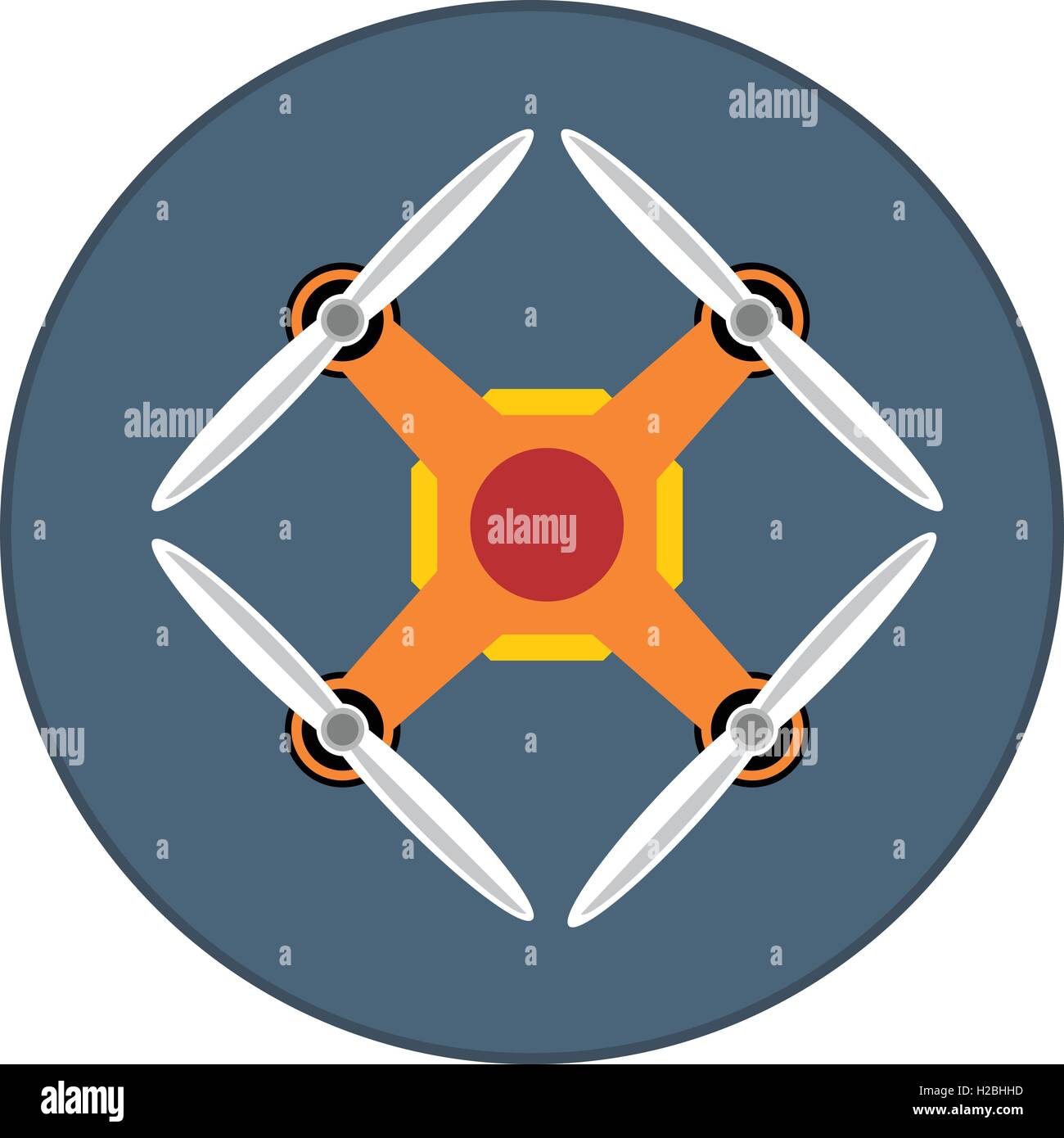 Digital vector orange drone with recording camera, in dark circle, flat ...