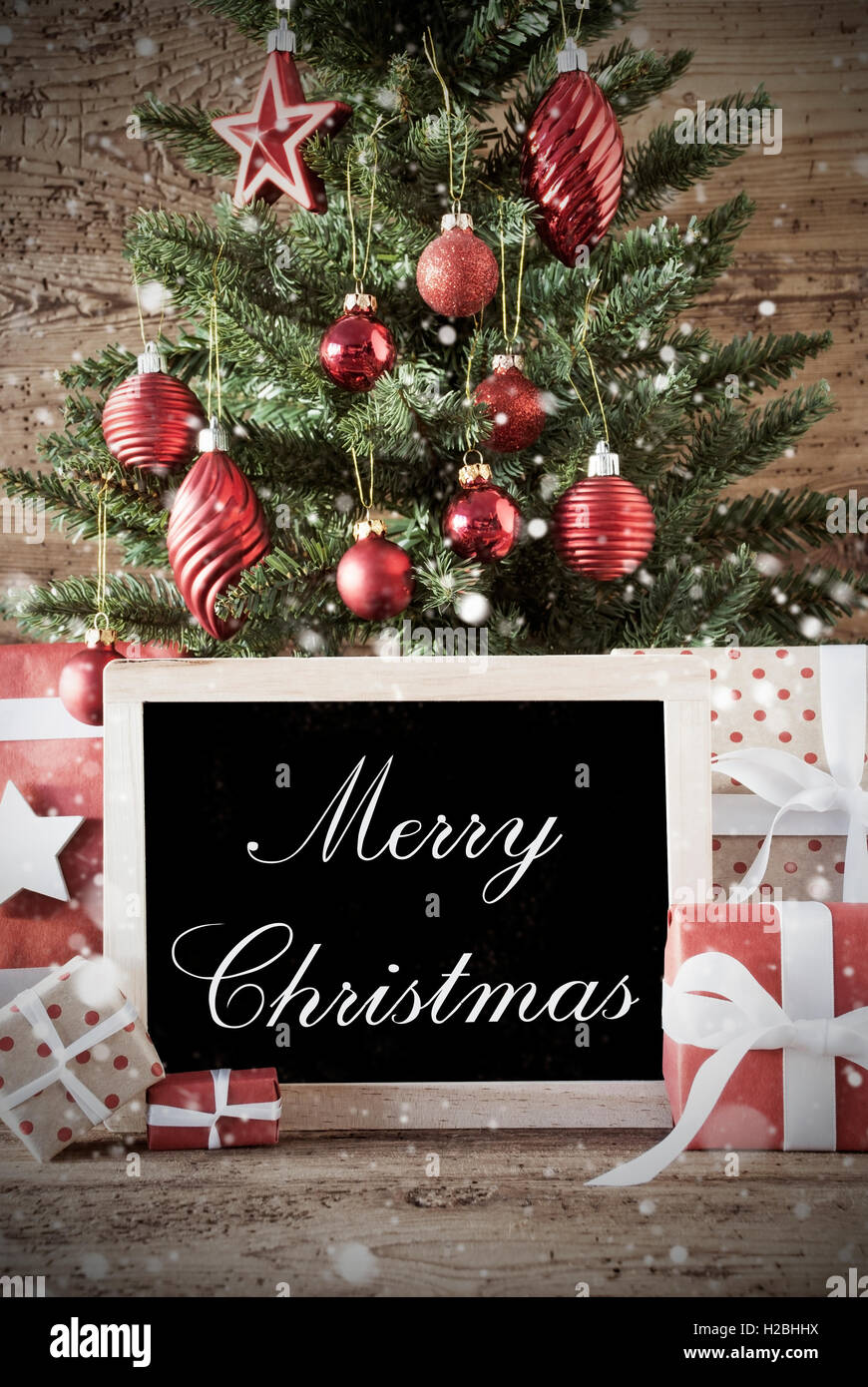 Nostalgic Tree With Merry Christmas Stock Photo - Alamy