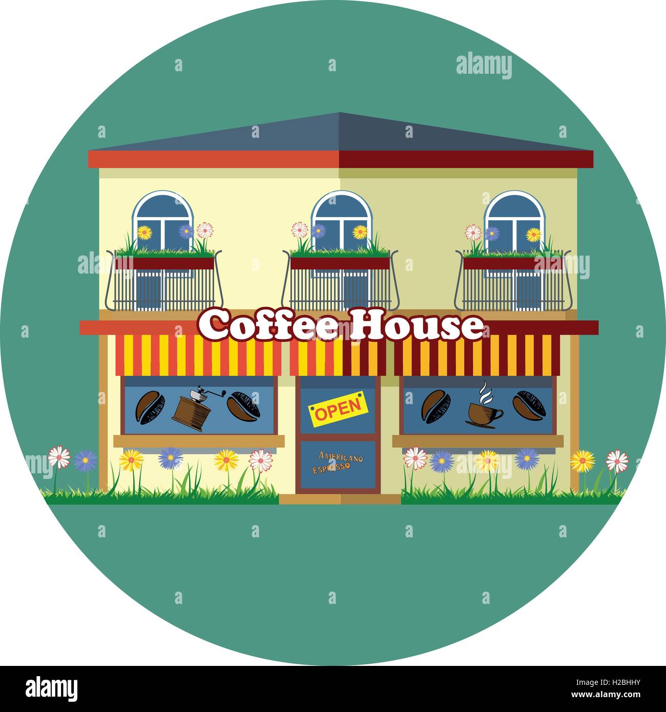 Digital vector coffee house cafe shop with storefront, flowers, windows ...