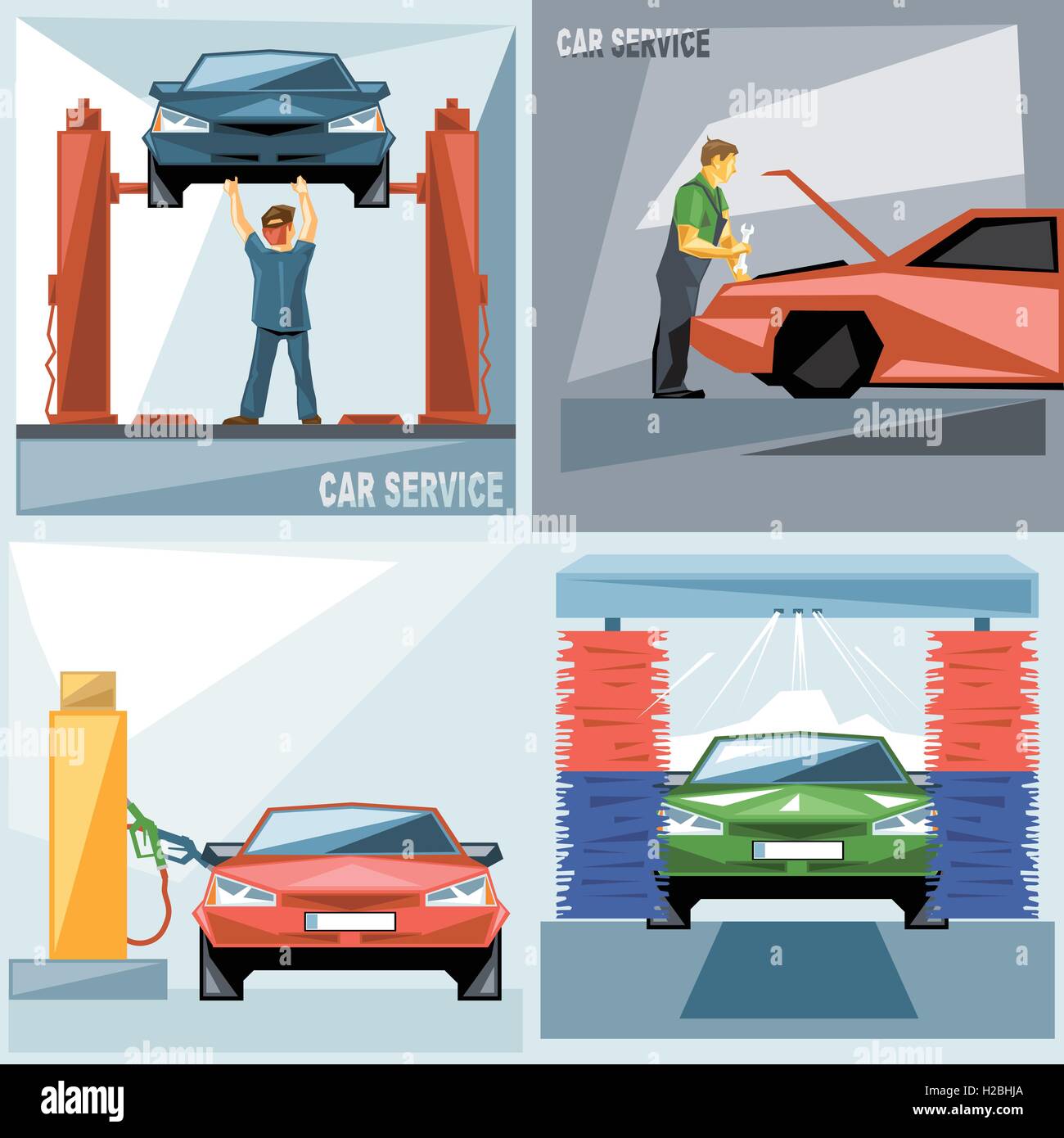 Digital vector blue, green and red auto service car icon set, mechanic ...
