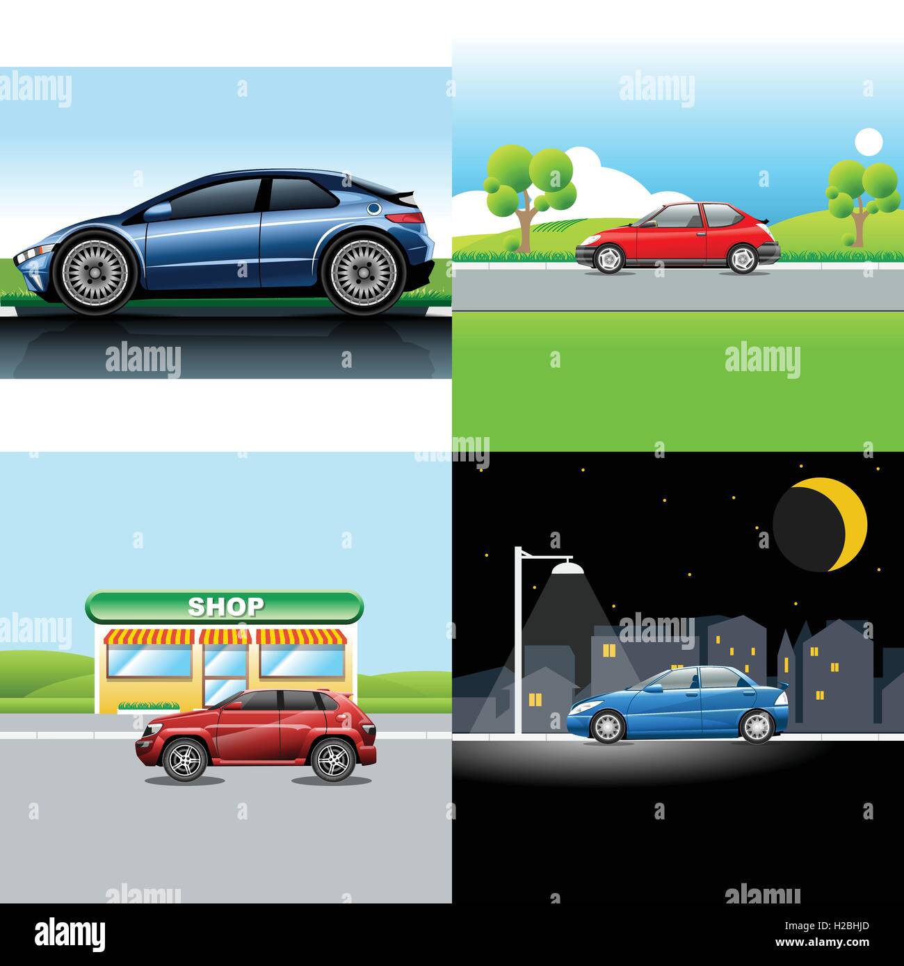 Digital vector red and blue auto car icon set, sport car on road, shop ...