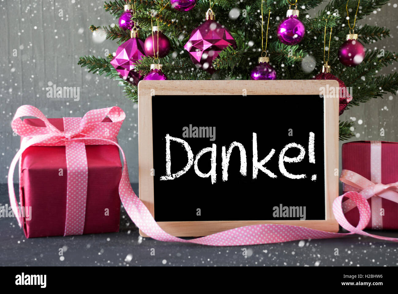 Tree With Gifts, Snowflakes, Danke Means Thank You Stock Photo - Alamy
