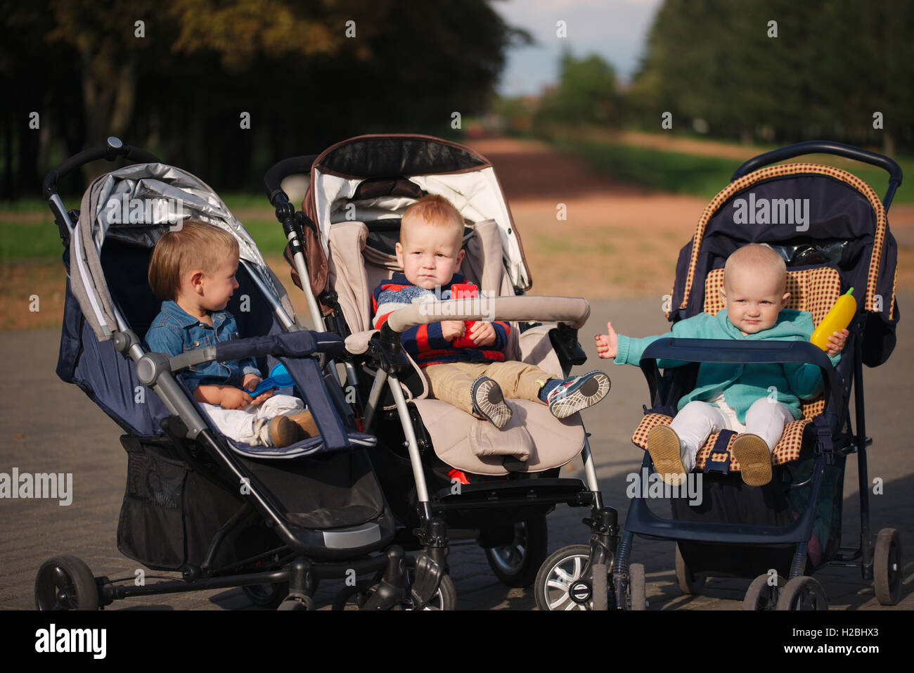 funny children sitting in strollers in park Stock Photo - Alamy