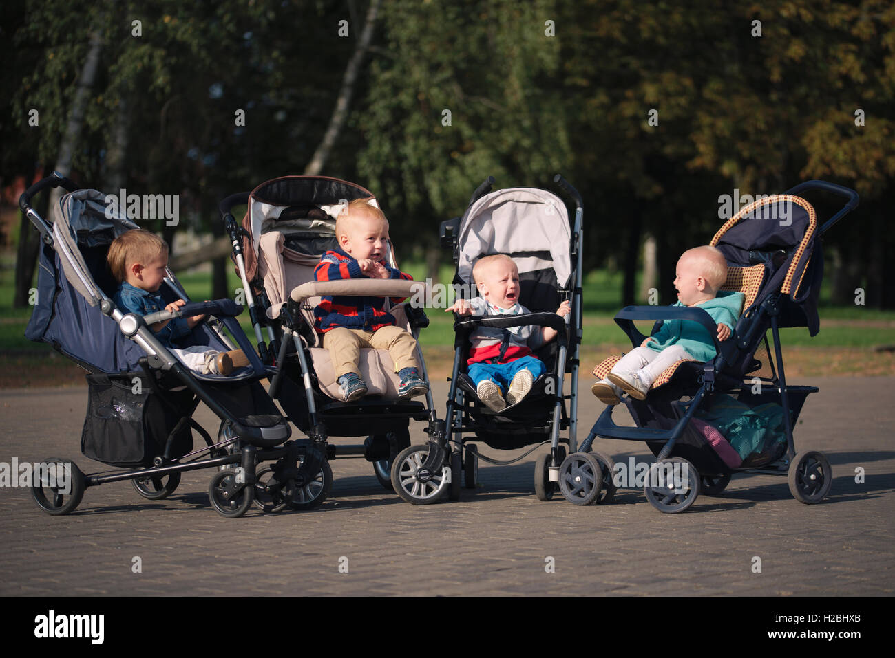 funny children sitting in strollers in park Stock Photo - Alamy