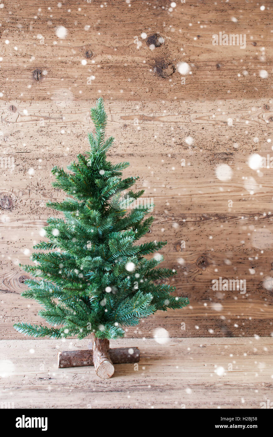 Vertical Christmas Tree, Aged Wooden Background, Snowflakes, Shabby ...