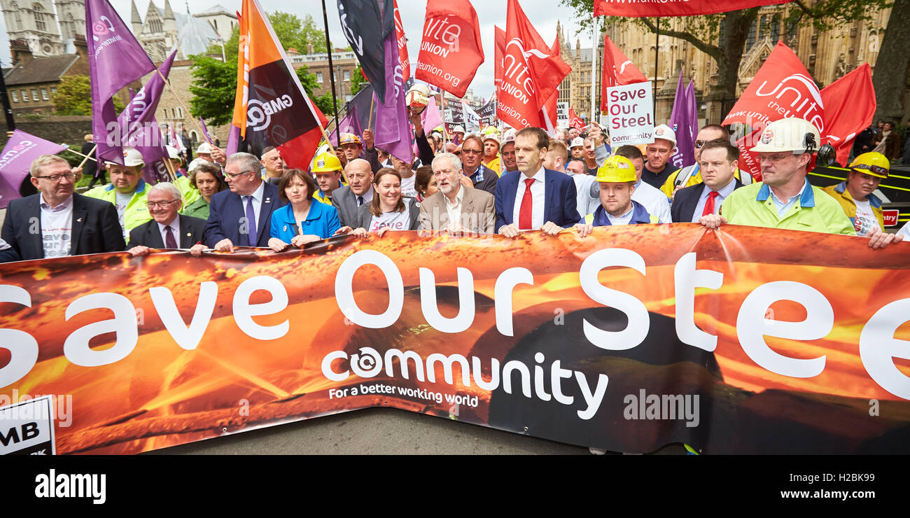 Jeremy Corbyn (CL) & Gareth Stace (CR) at Tata steel protest in London ...