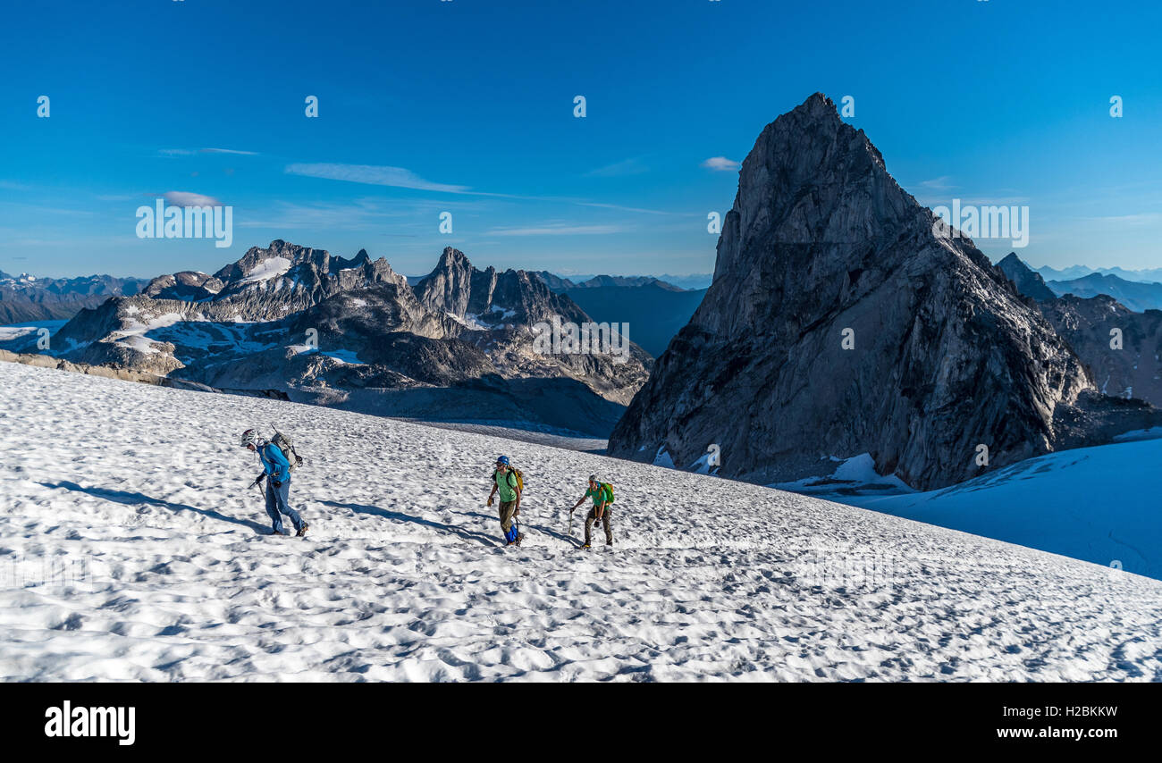 Climbers passing by Bugaboo Spire in the Bugaboo Provincial Park Stock ...