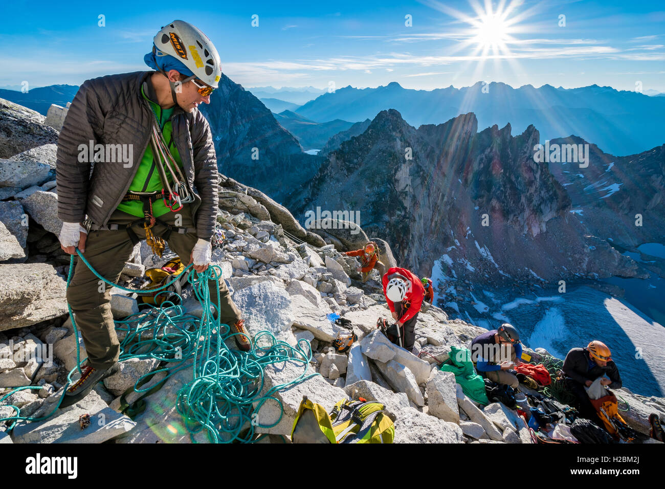 Climbers prepare to climb the NE Ridge on Bugaboo Spire in the Bugaboo ...