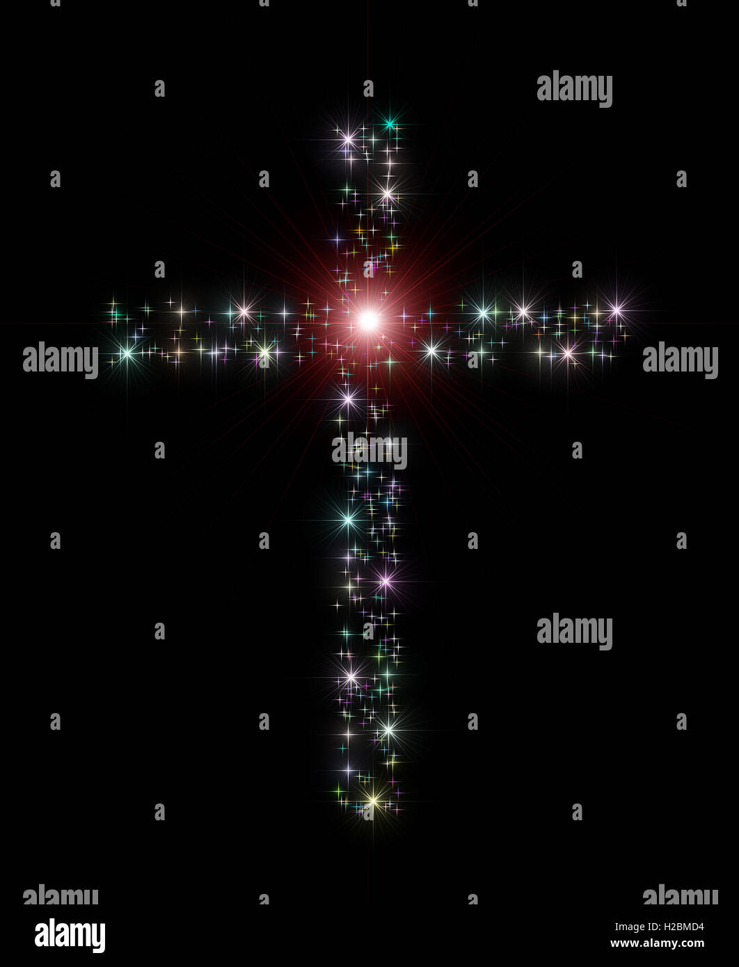 Christian latin cross made of variegated twinkling sparkling stars as a ...