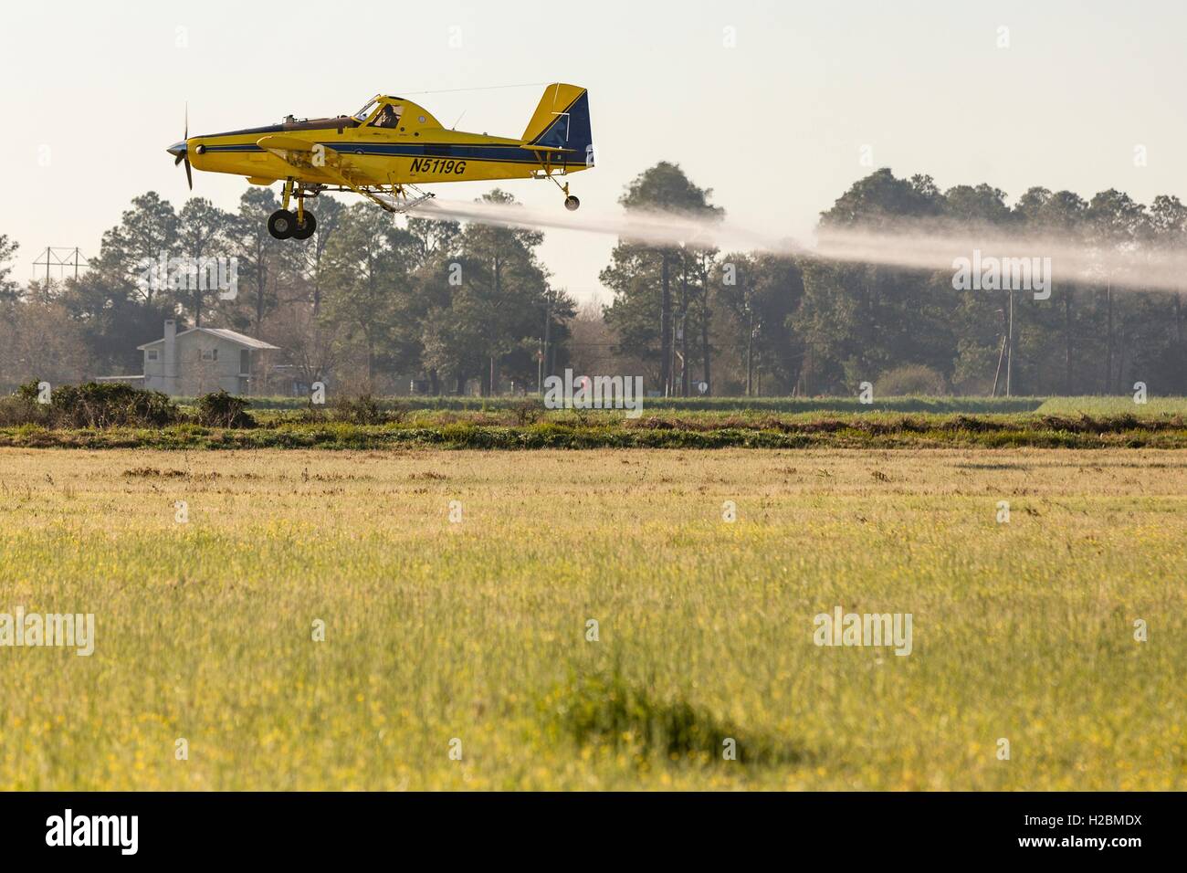 An aerial crop duster sprays a field in rural Eunice, Louisiana Stock ...