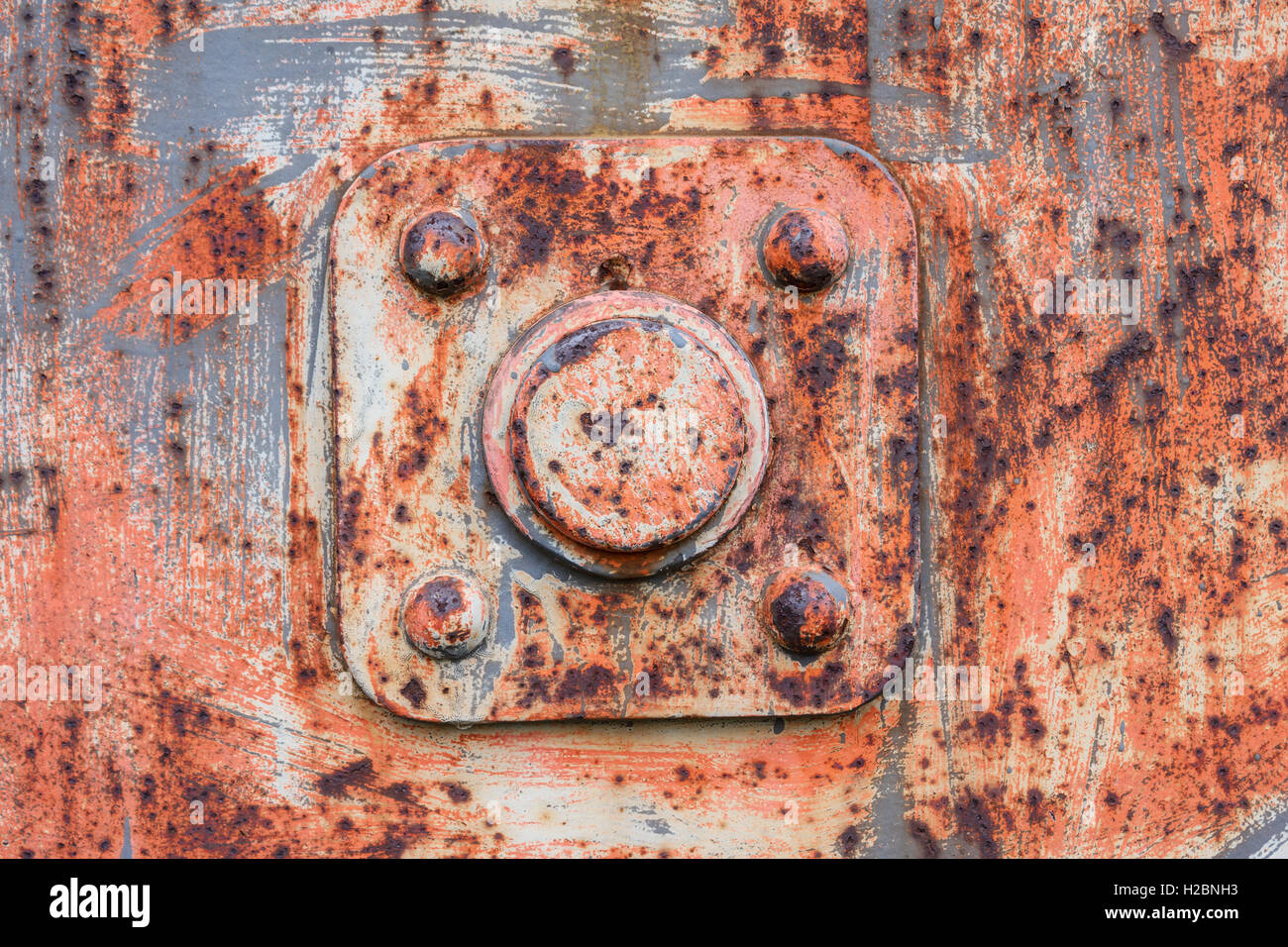Rusty bolts on a rusty iron plate, part of a gun carriage on ...