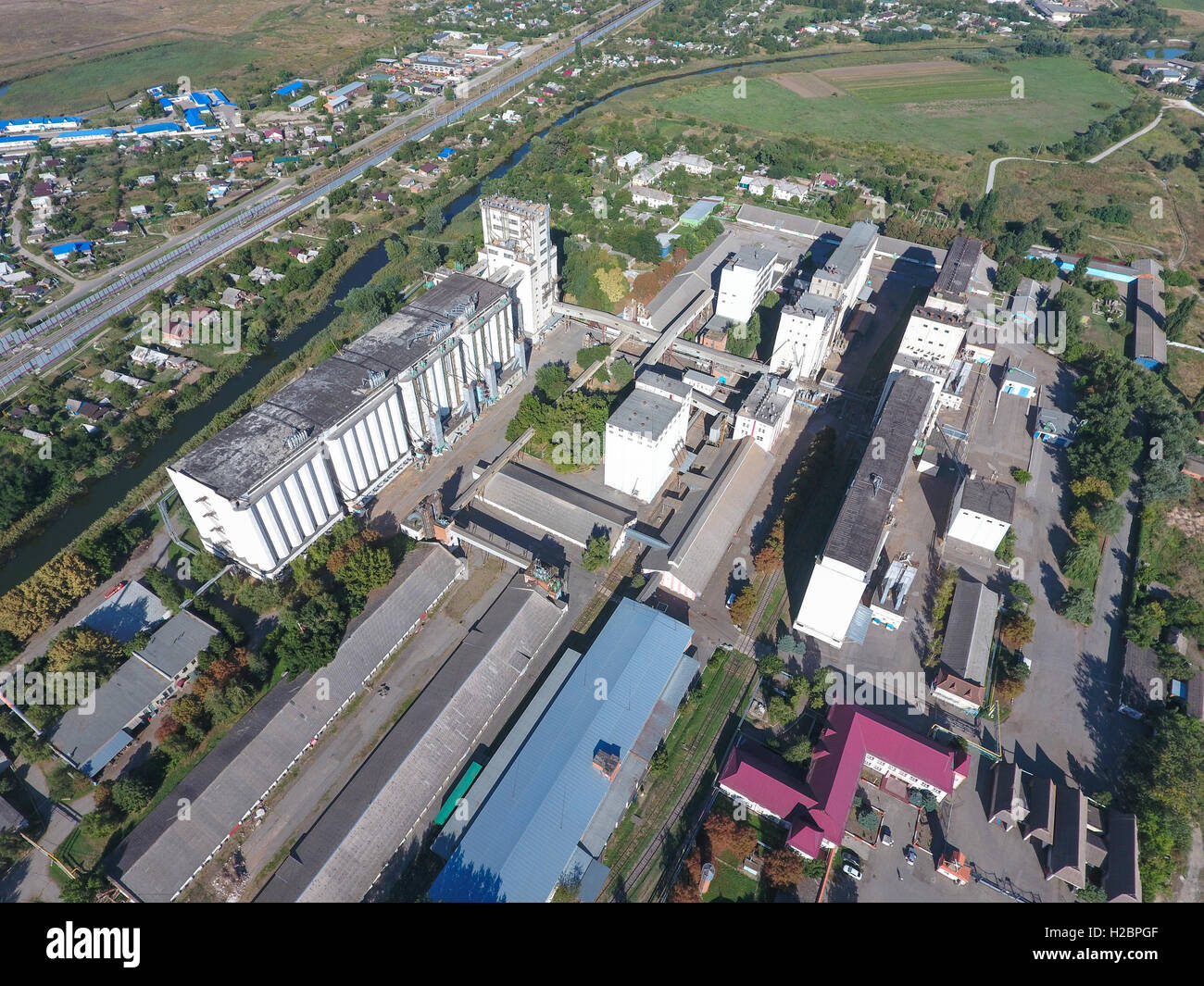 Top view of a silo elevator. The huge building for storing and drying ...
