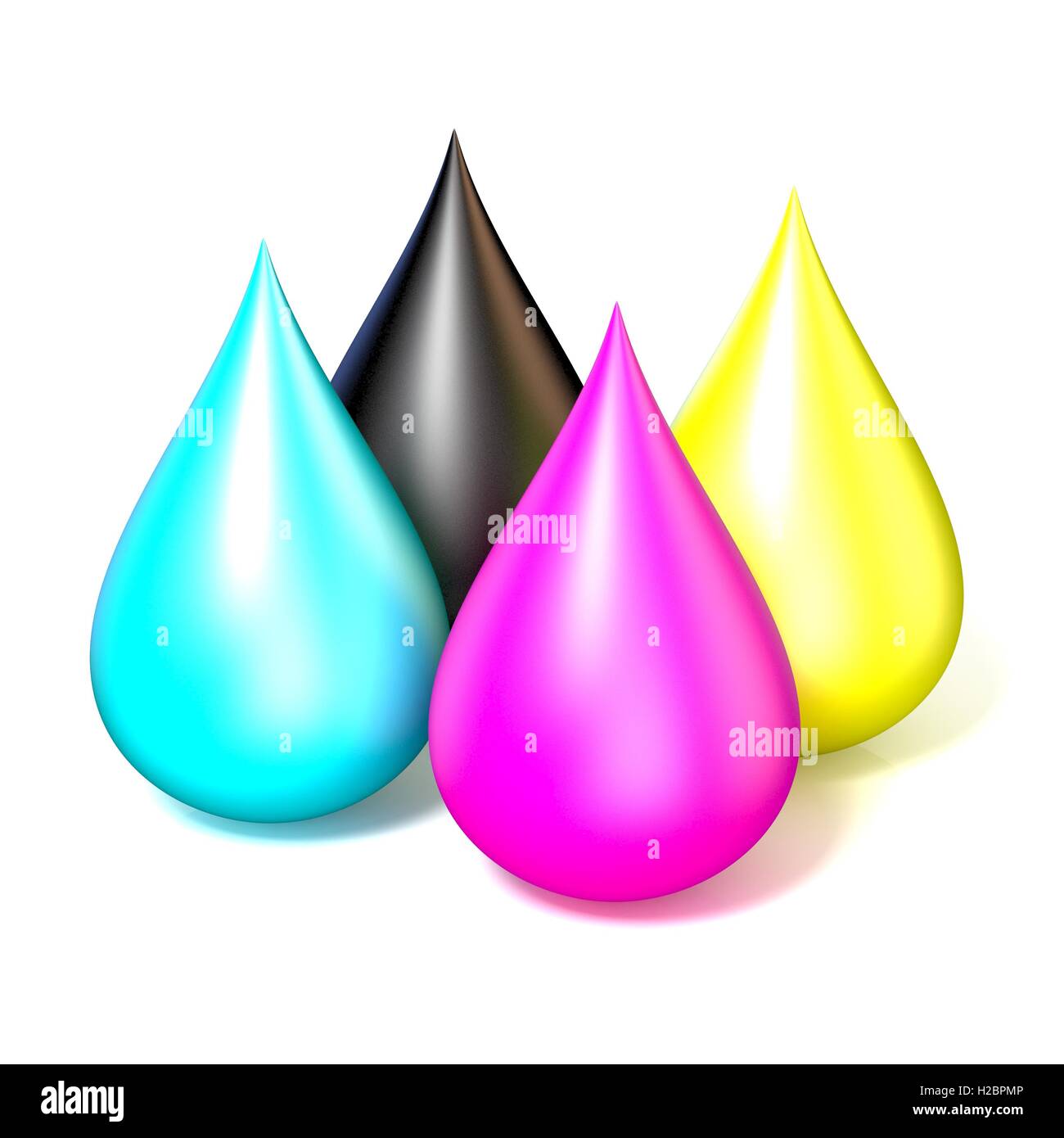 Four drops of printer ink. CMYK concept 3D rendering illustration ...