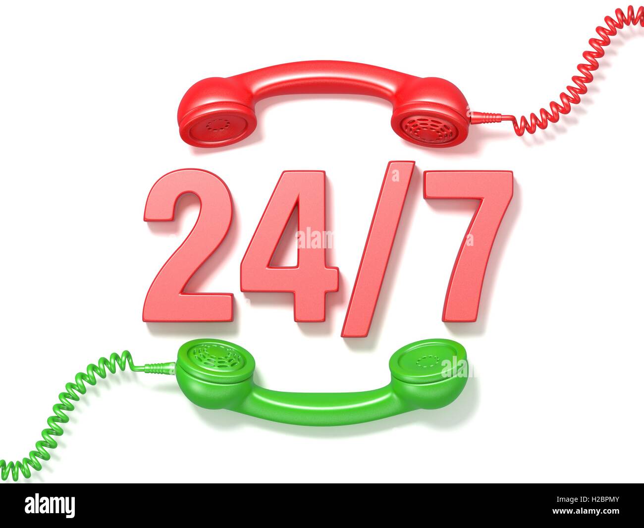 24 hours 7 days a week sign. Retro red and green phone receivers. 3D ...