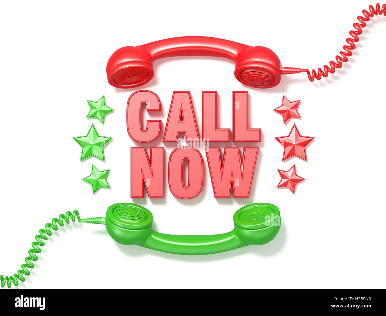 Call now sign. Retro red and green phone receivers and stars circular ...