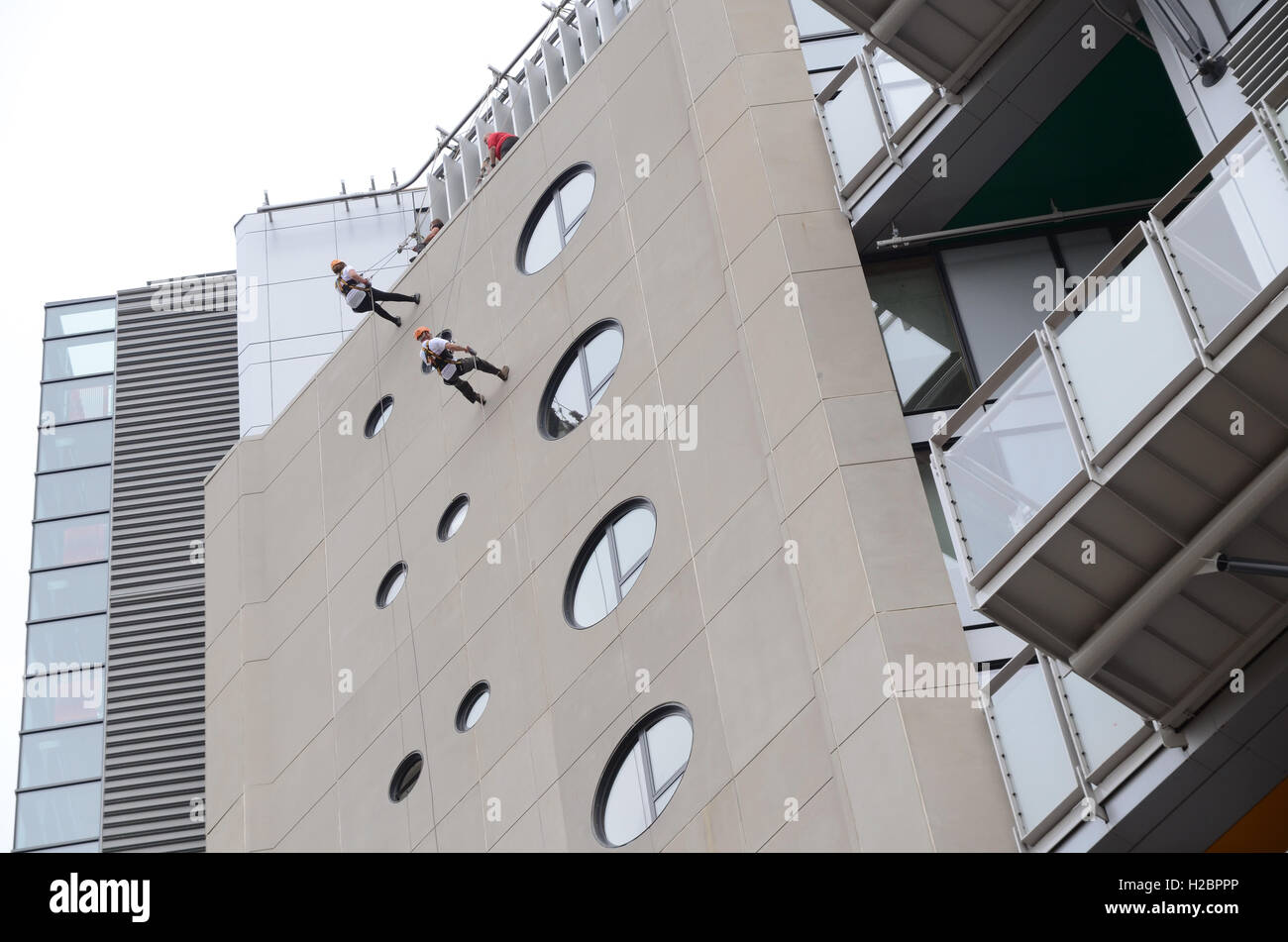 Two people abseiling down the side of Guy's Hospital, London Stock ...