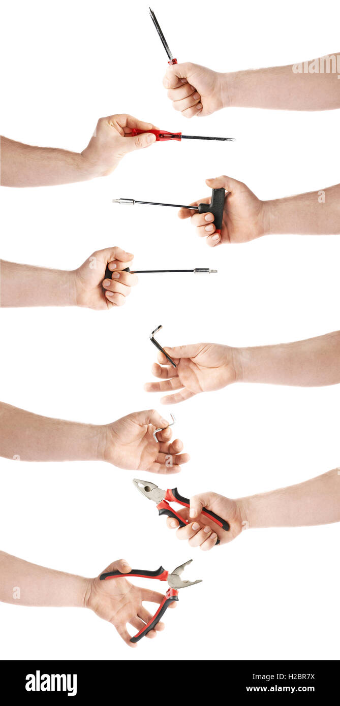 Set of hand holding a working tool, composition isolated over the white ...
