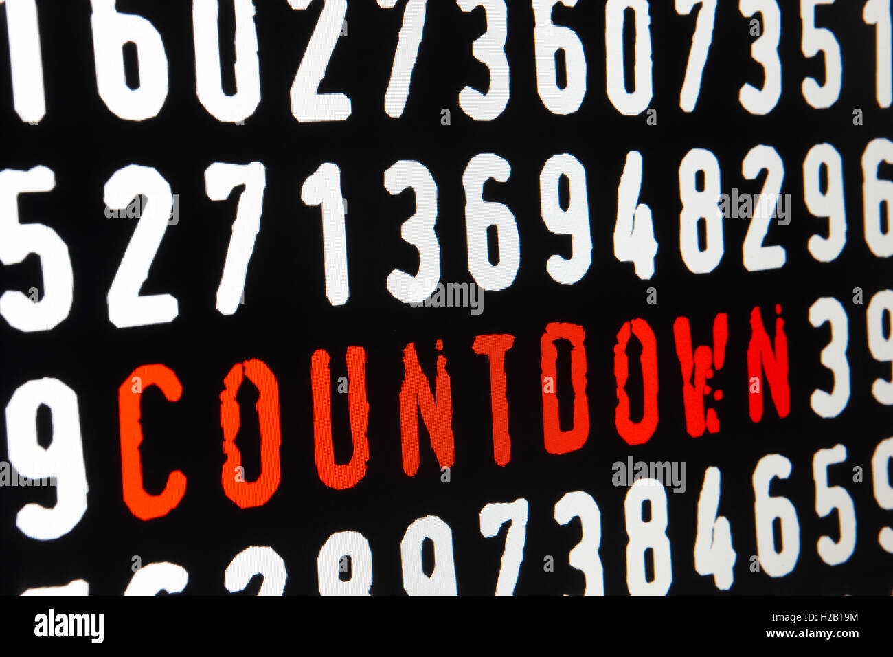 Computer screen with countdown text on black background. Horizontal ...