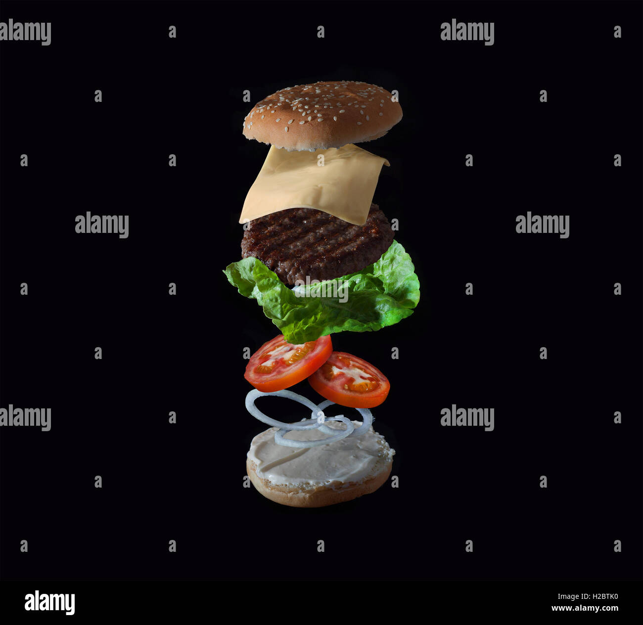 Burger Banner with ingredients flying Stock Photo - Alamy