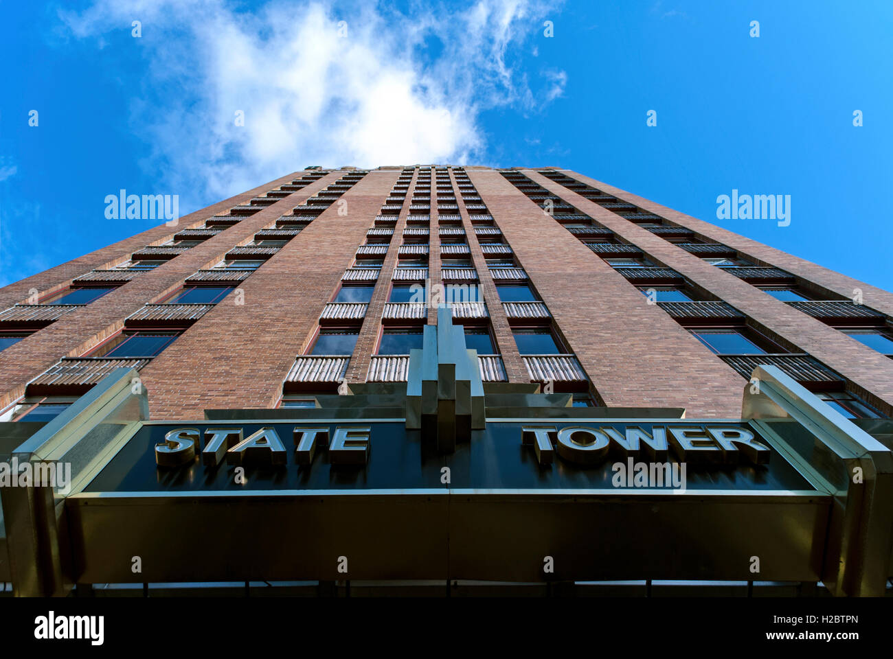 The New York State Tower building in Syracuse looking up from street ...