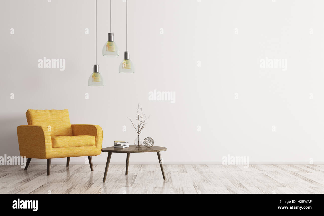 Interior of living room with wooden triangular coffee table, lamps and ...