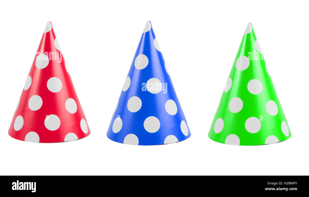 three colorful party hats over white Stock Photo - Alamy