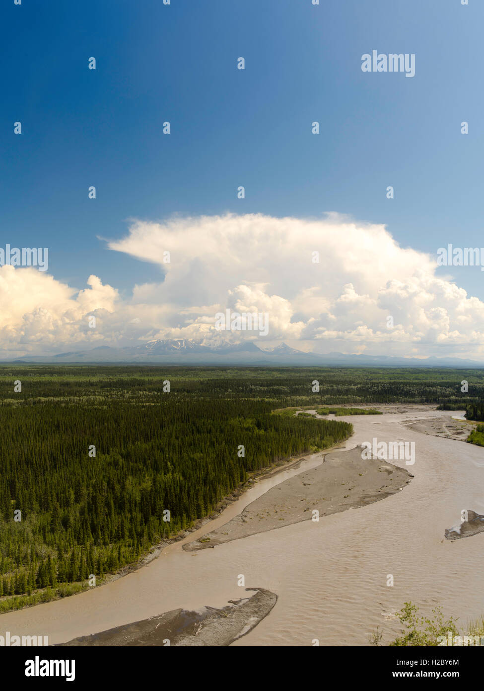 View of the Copper River (foreground) and the Wrangell Mountains, just ...