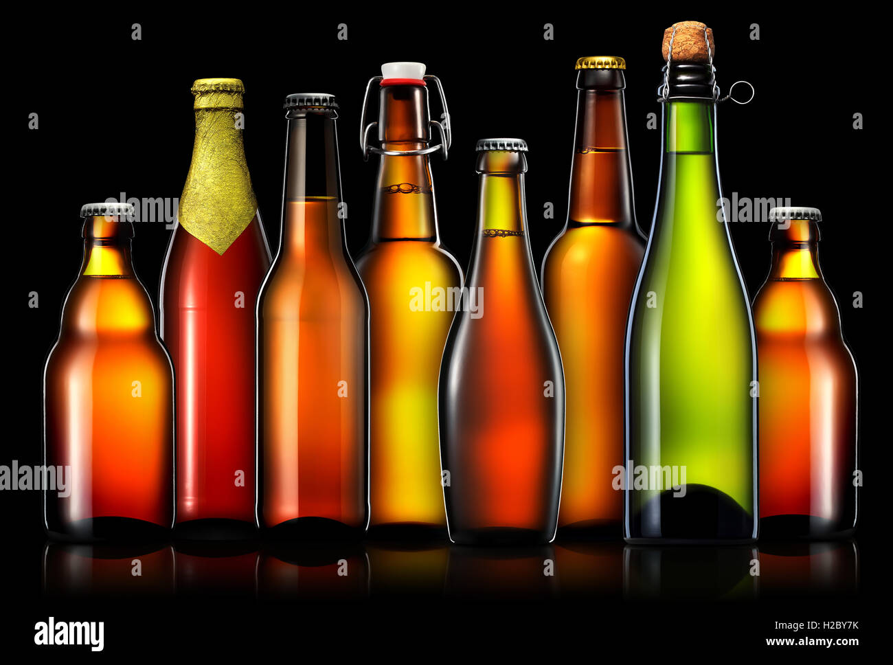 Set of beer bottles with clipping path isolated on black gradient ...