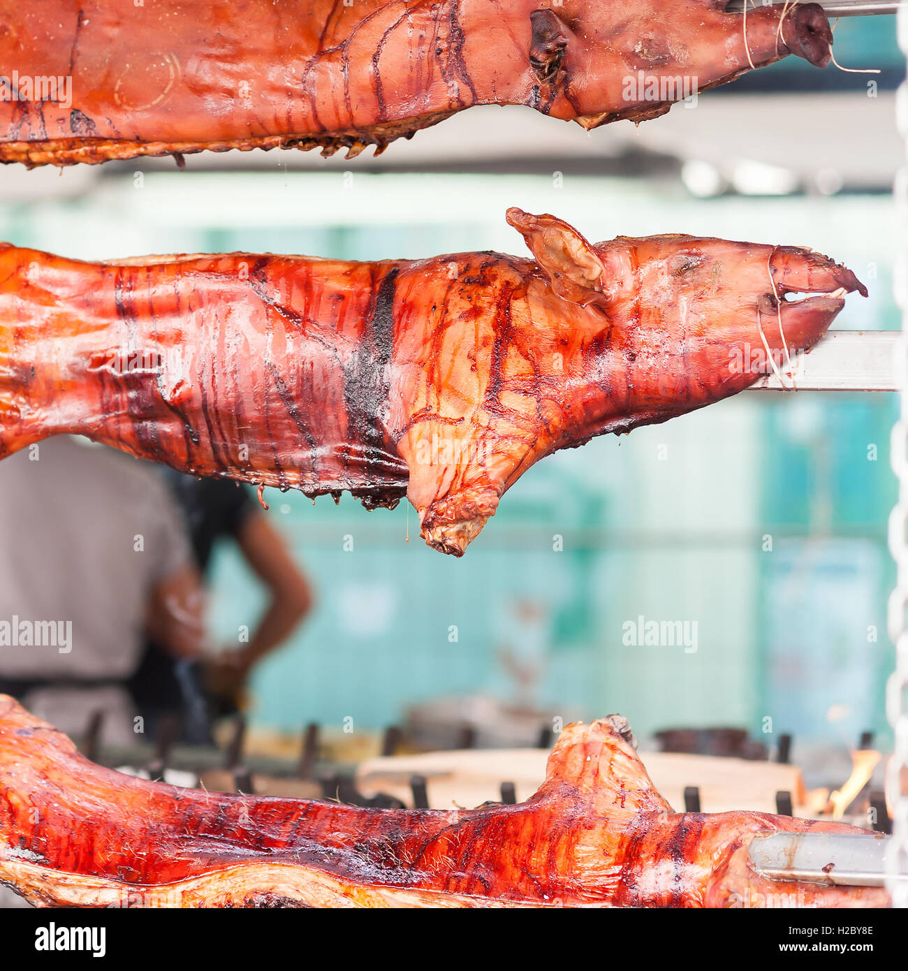 Baked roasted pork carcasses on the barbecue Stock Photo - Alamy