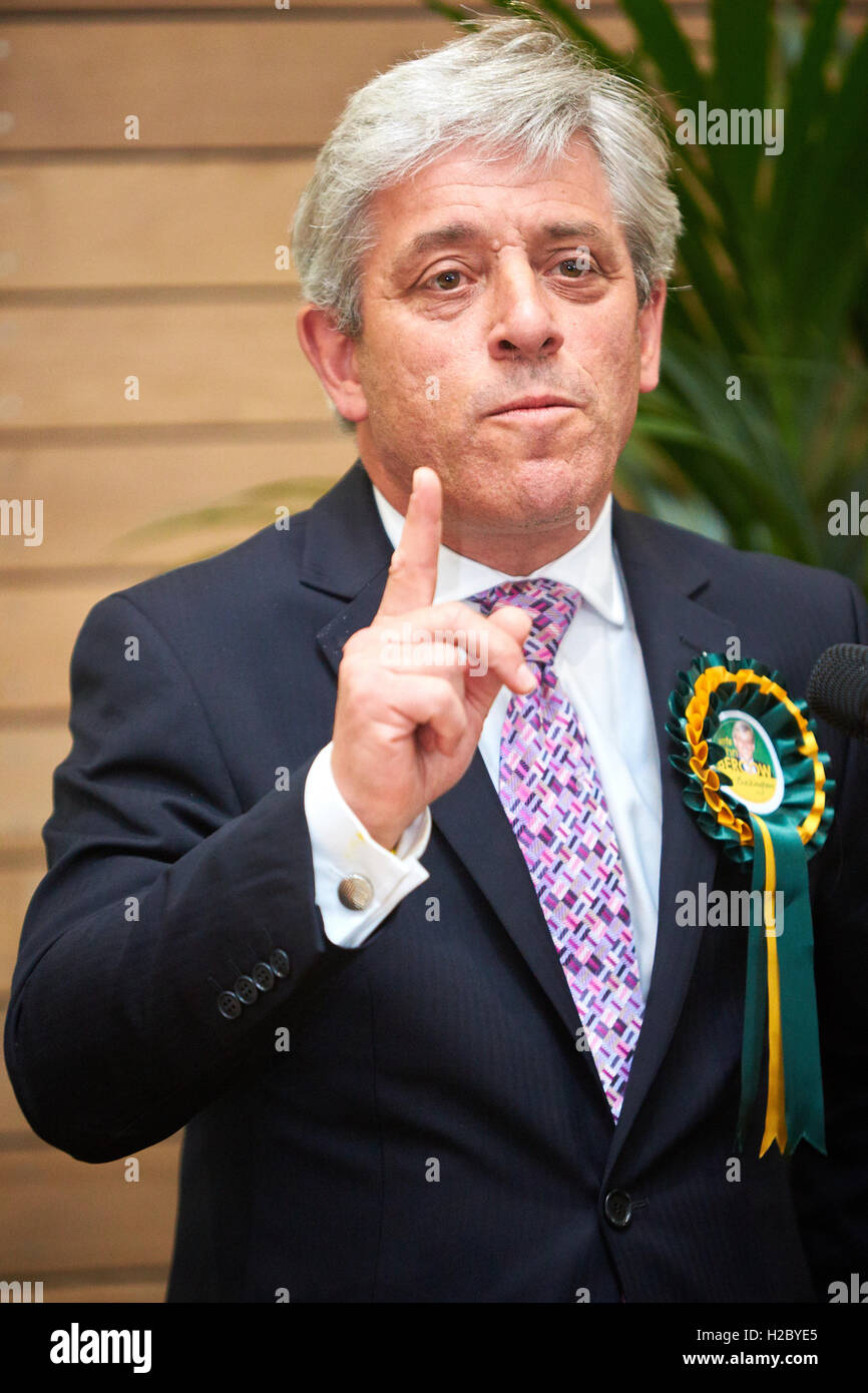 John Bercow (L) speaks after winning the Buckingham constituency in the ...
