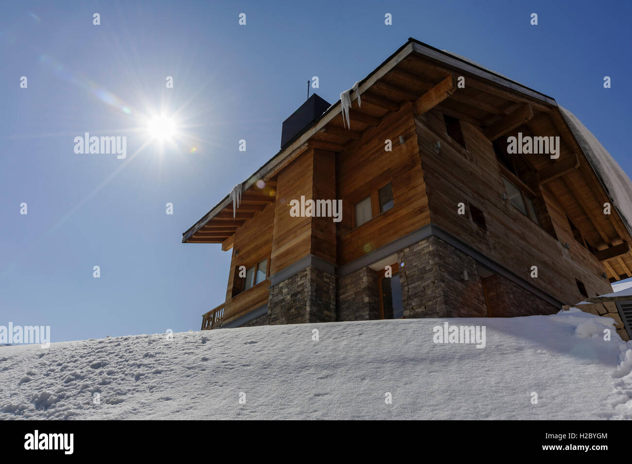 A chalet in wood and stone during winter in Mzaar Kfardebian ski resort ...