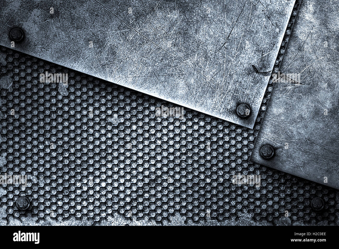 grunge metal background. rivet on metal plate and black grille ...