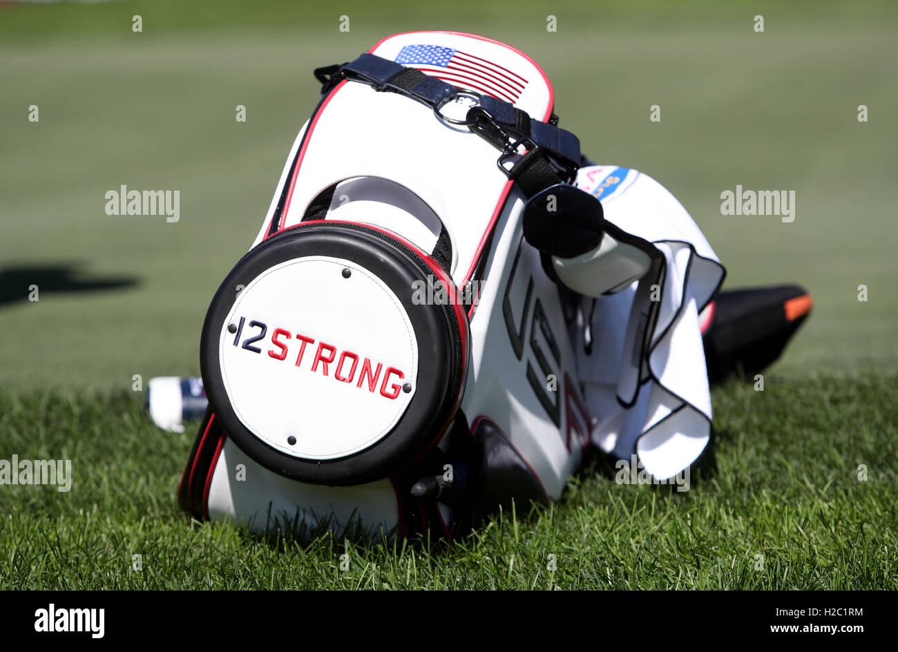 A general view of a Team USA golf bag during a practice session ahead ...