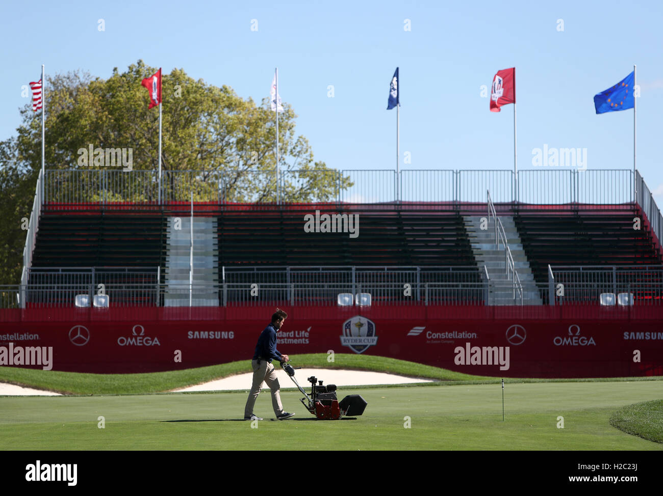 A green is tended to by groundstaff during a practice session ahead of ... A green is tended to by groundstaff during a practice session ahead of ...