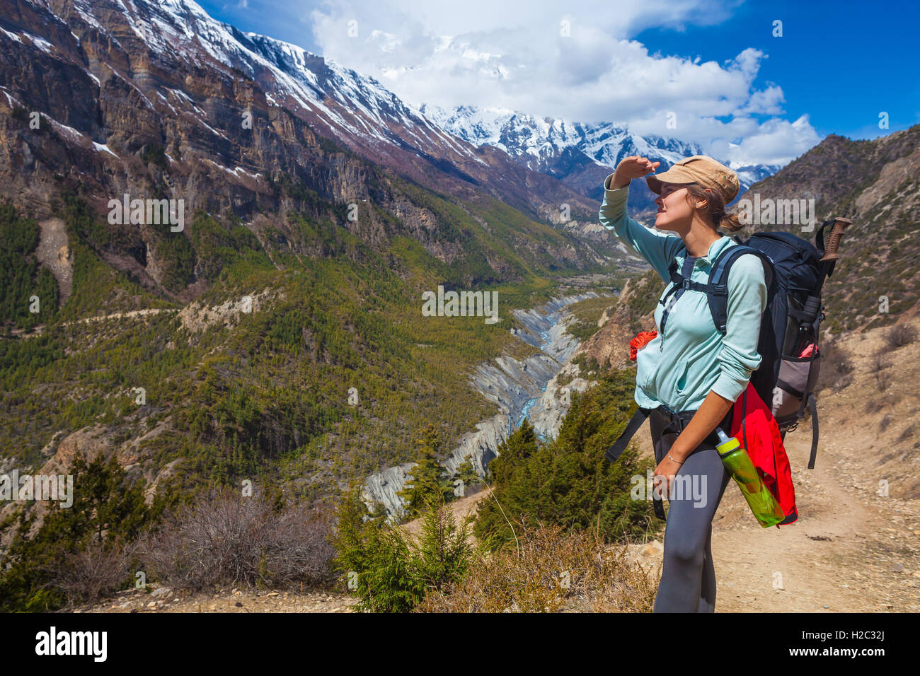 Closeup Beautiful Woman Traveler Backpacker Mountains Path.Young Girl ...