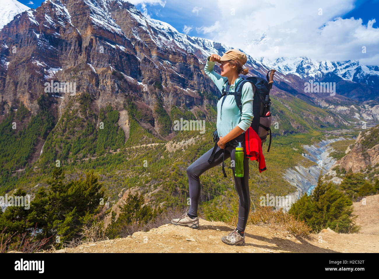 Beautiful Woman Traveler Backpacker Mountains Path.Young Girl Looking ...