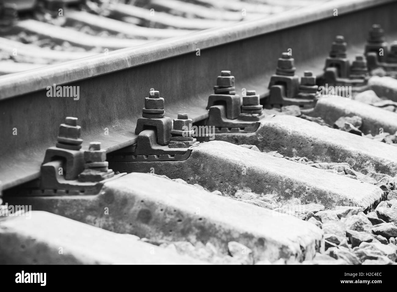 Modern railway track details, closeup black and white retro style photo ...