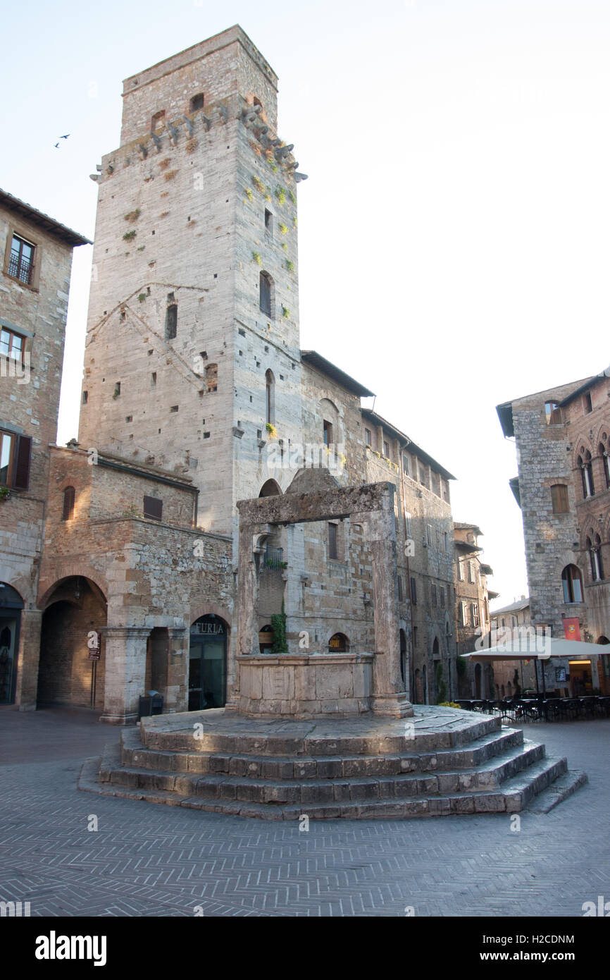 San Gimignano Tuscany Italy. Main square Piazza della cisterna with ...