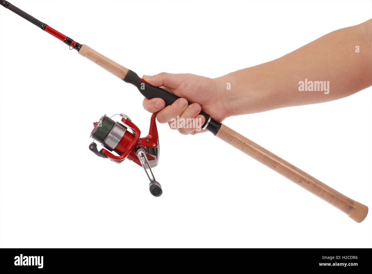 Hand holding fishing tackle isolated on white Stock Photo - Alamy